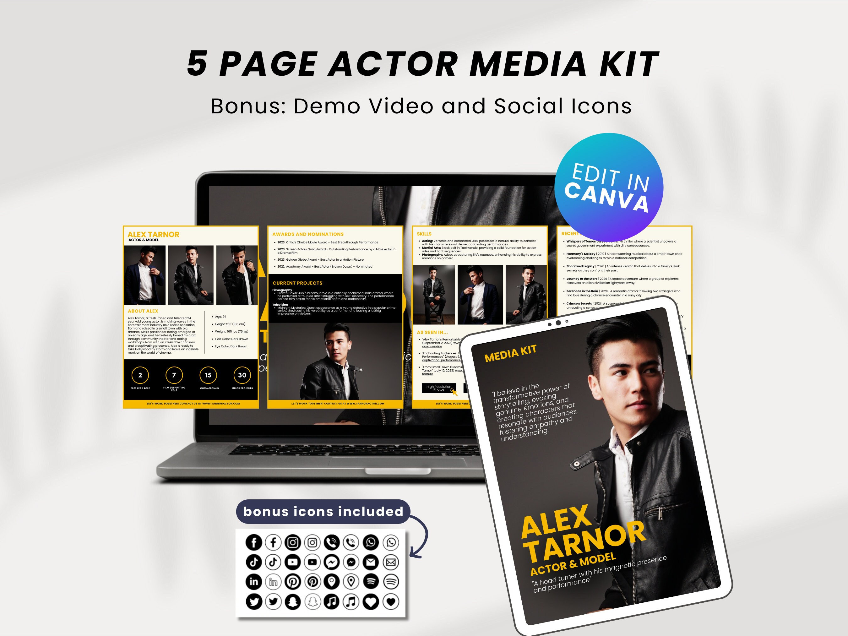 5-page Actor Media Kit Canva Template Actor Press Kit EPK for Actors ...