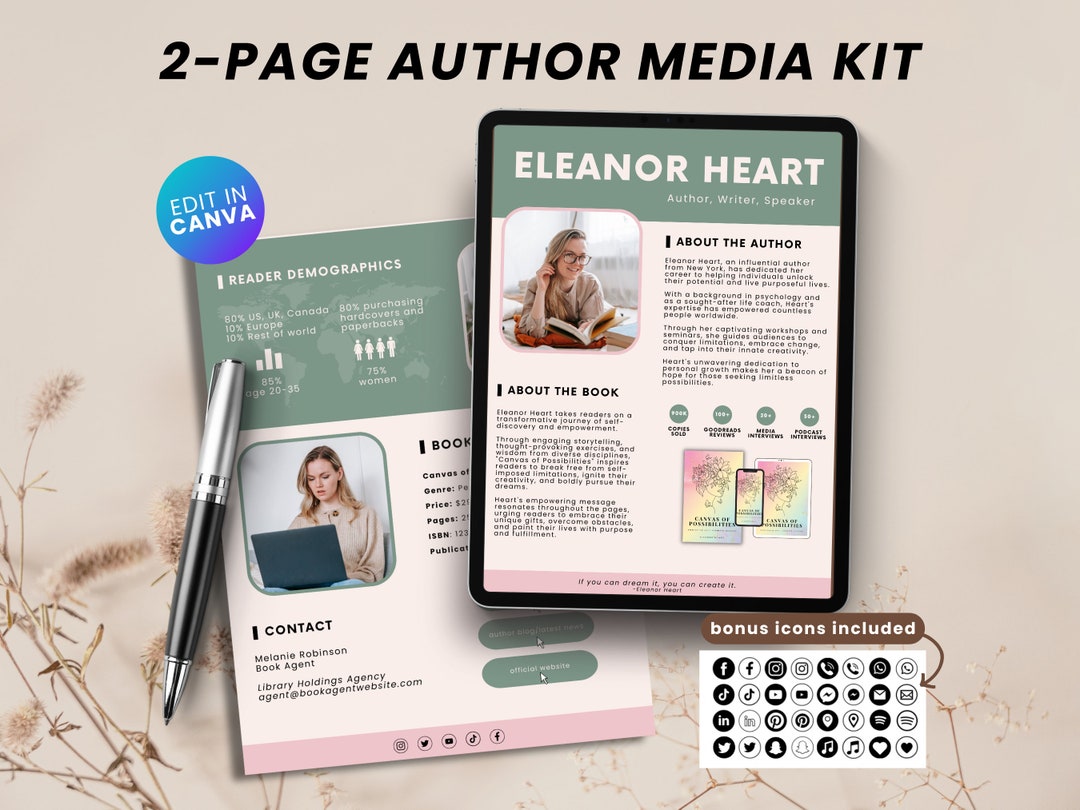 2-page Author Press Kit Canva Template, Author Media Kit, Book ...