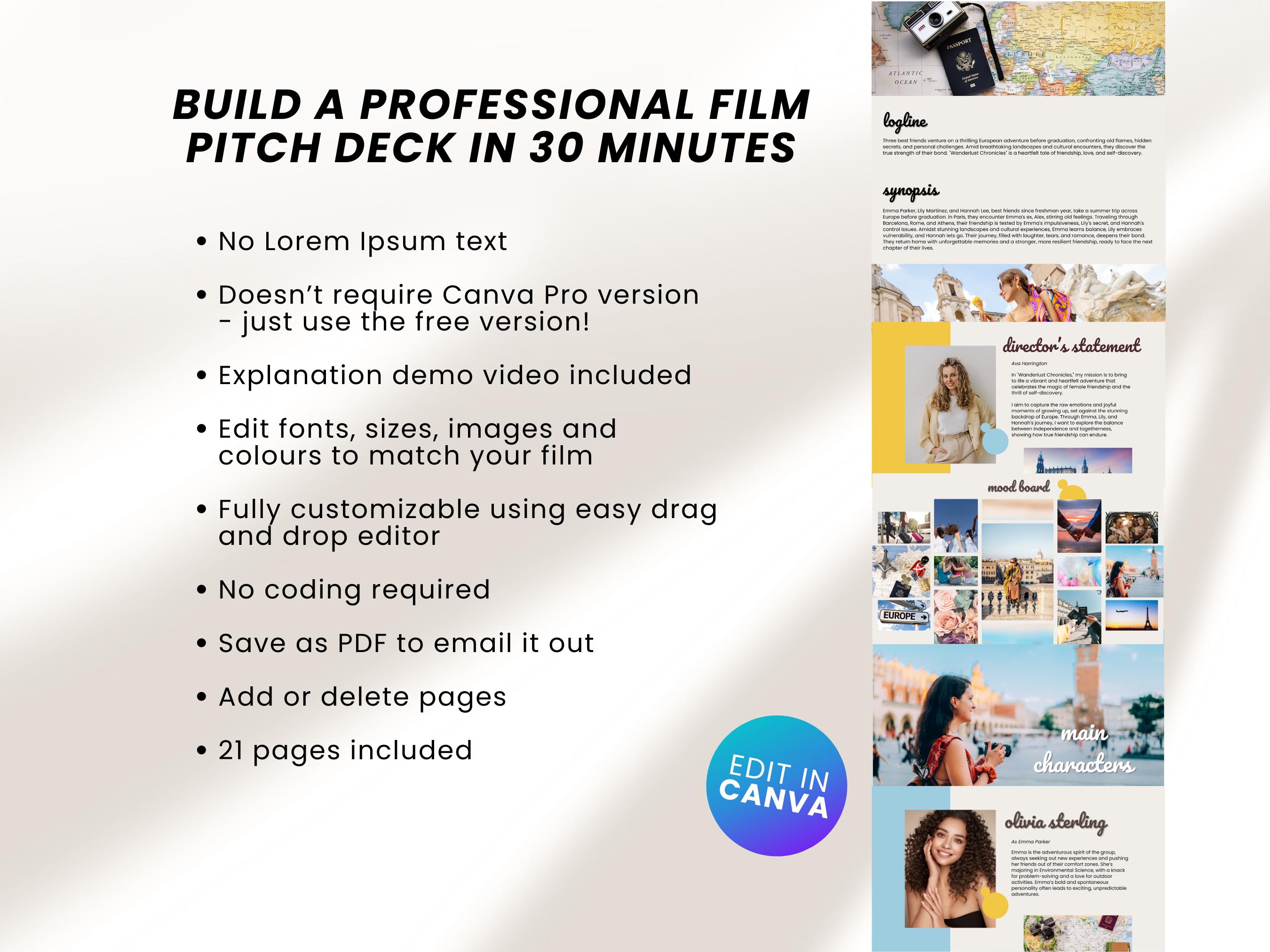 21 Page Film Pitch Deck Canva Template TV Pitch Deck Movie Pitching ...