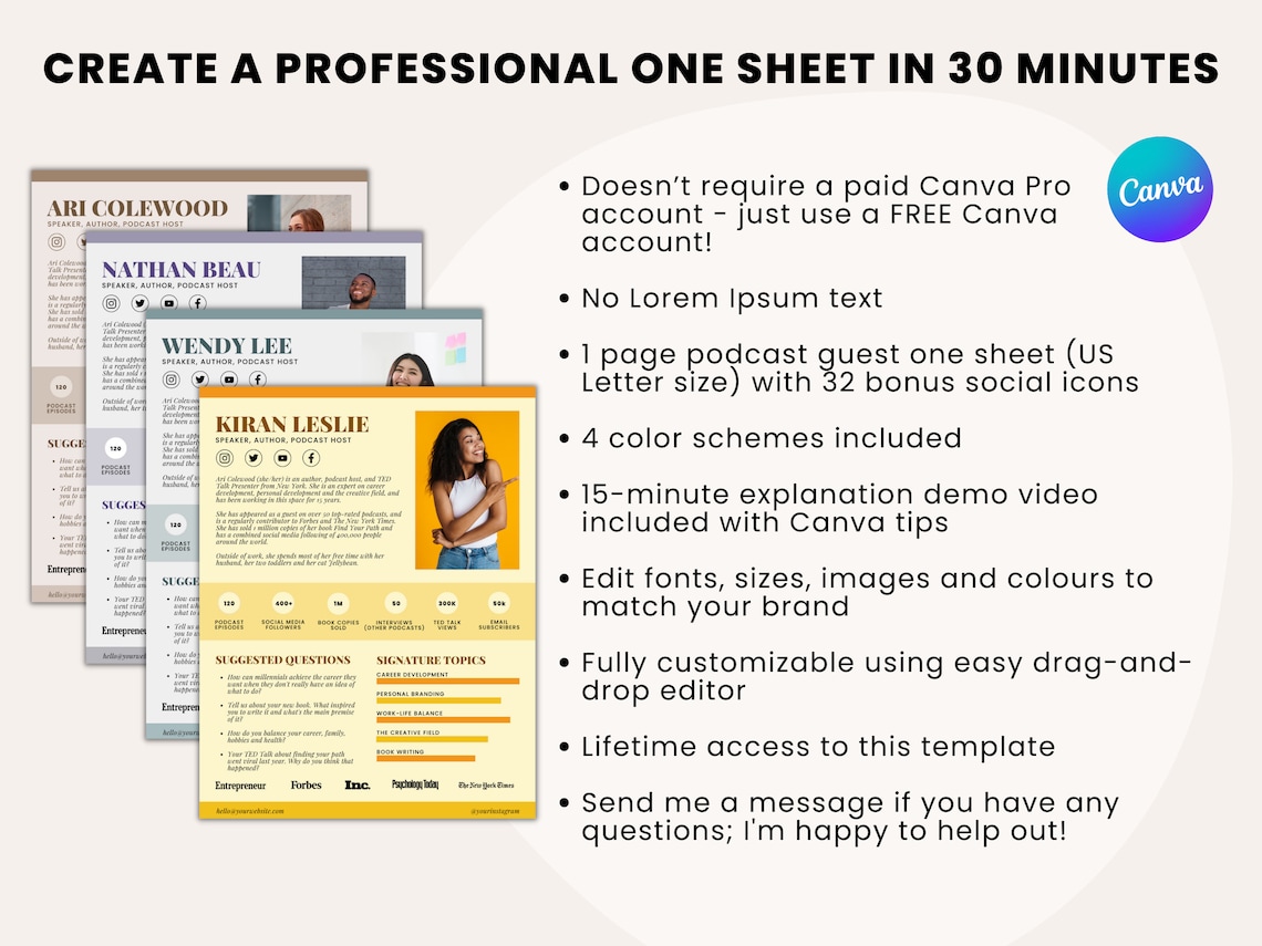 Podcast Guest One Sheet Template, Podcast Guest Template, Speaker Sheet, Speaker One Page ...