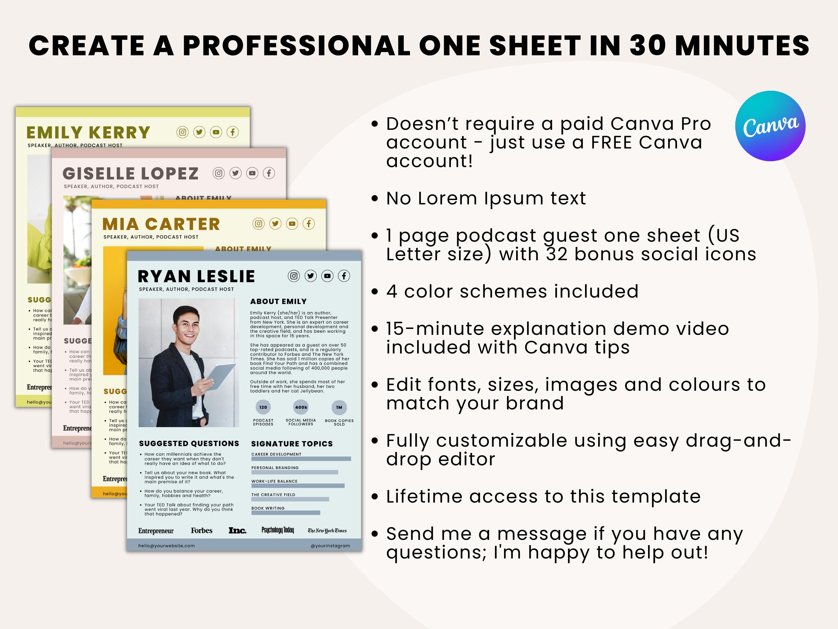 Podcast Guest One Sheet Template, Podcast Guest Template, Speaker Sheet, Speaker One Page ...