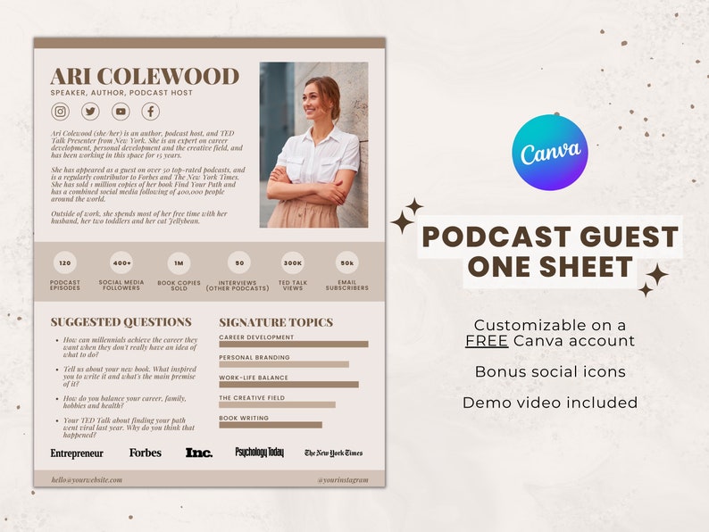 Podcast Guest One Sheet Template, Podcast Guest Template, Speaker Sheet ...