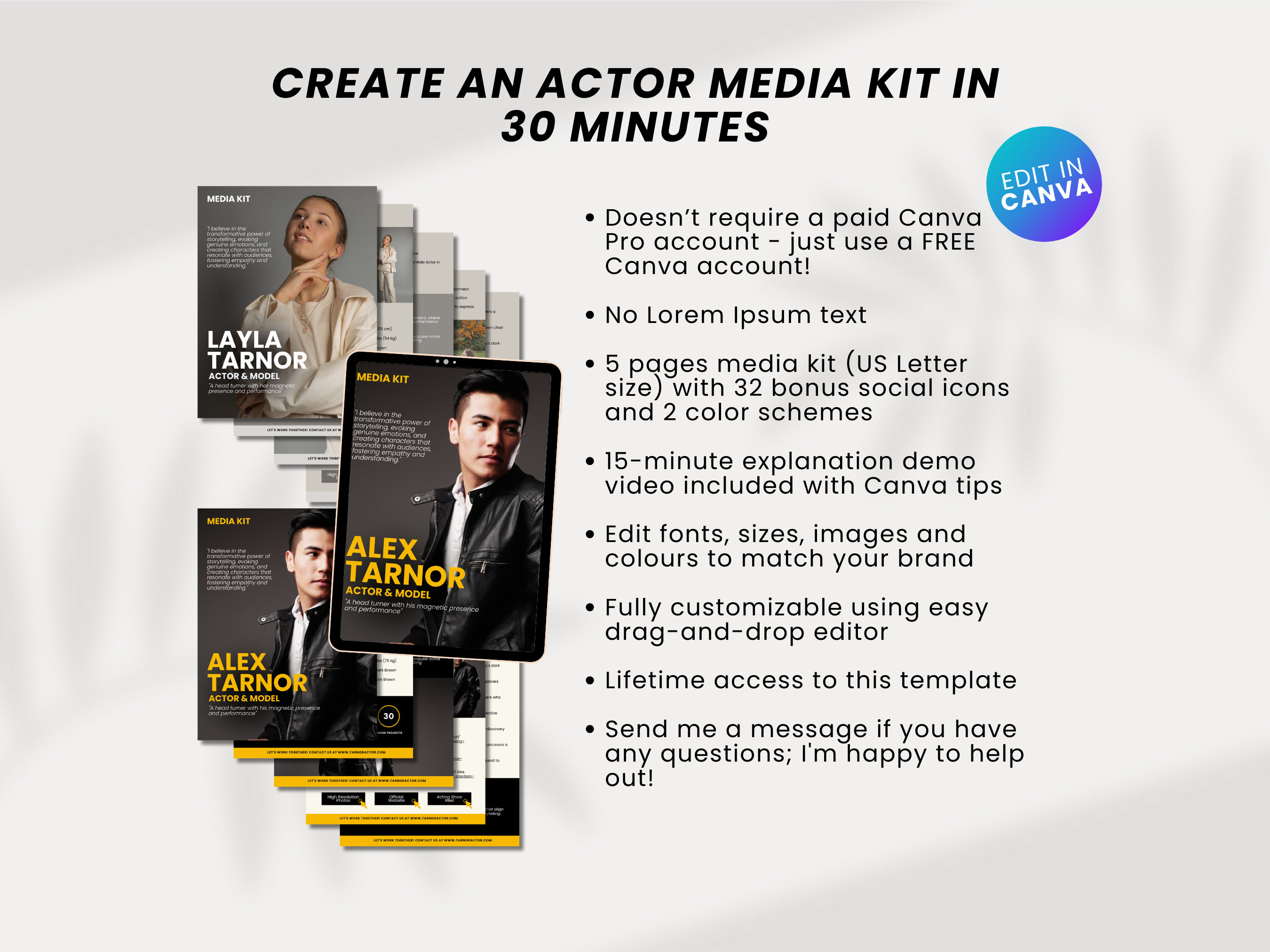5-page Actor Media Kit Canva Template Actor Press Kit EPK for Actors ...