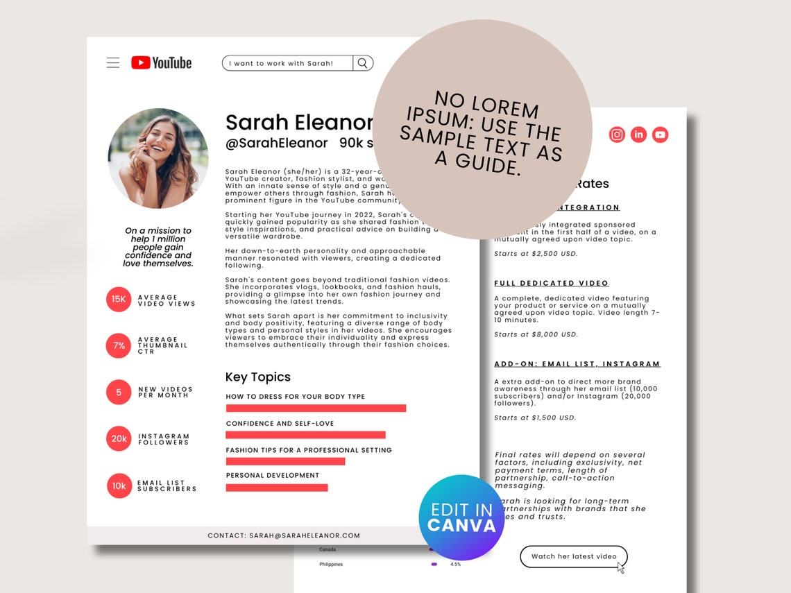 Youtube Media Kit Canva Template Youtuber Press Kit Youtube Channel ...