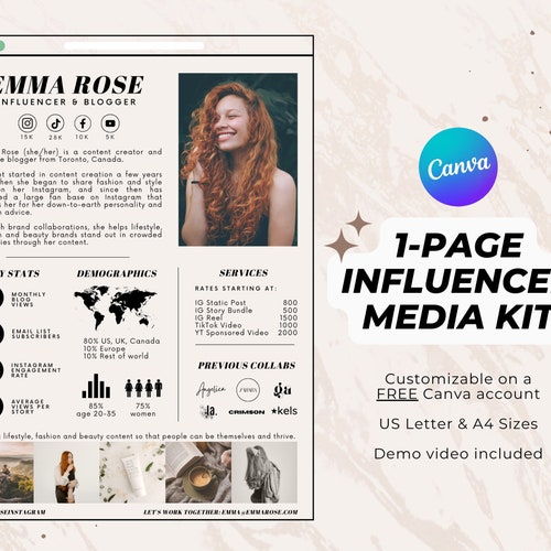 One Page Influencer Media Kit & Rate Card Dark Mode - Etsy