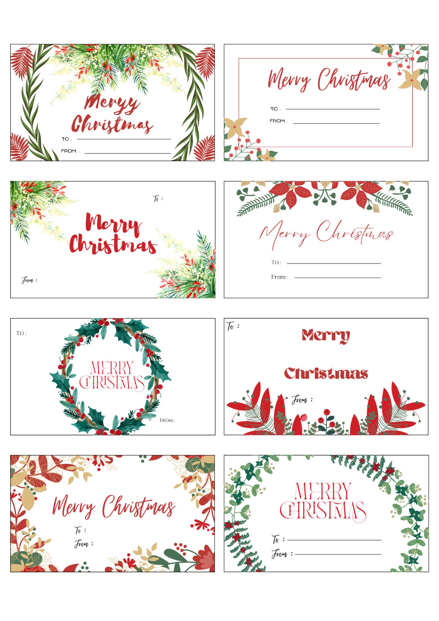 Botanical Christmas Gift Tags Printable, Holiday Wreath Tags, Red ...