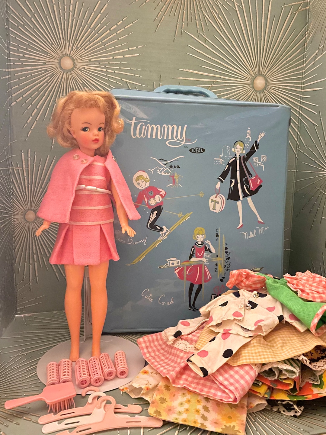 Large Lot: Vintage 1962 Original Tammy Doll by Ideal Toys in Blue Vinyl Carrying Case With ...