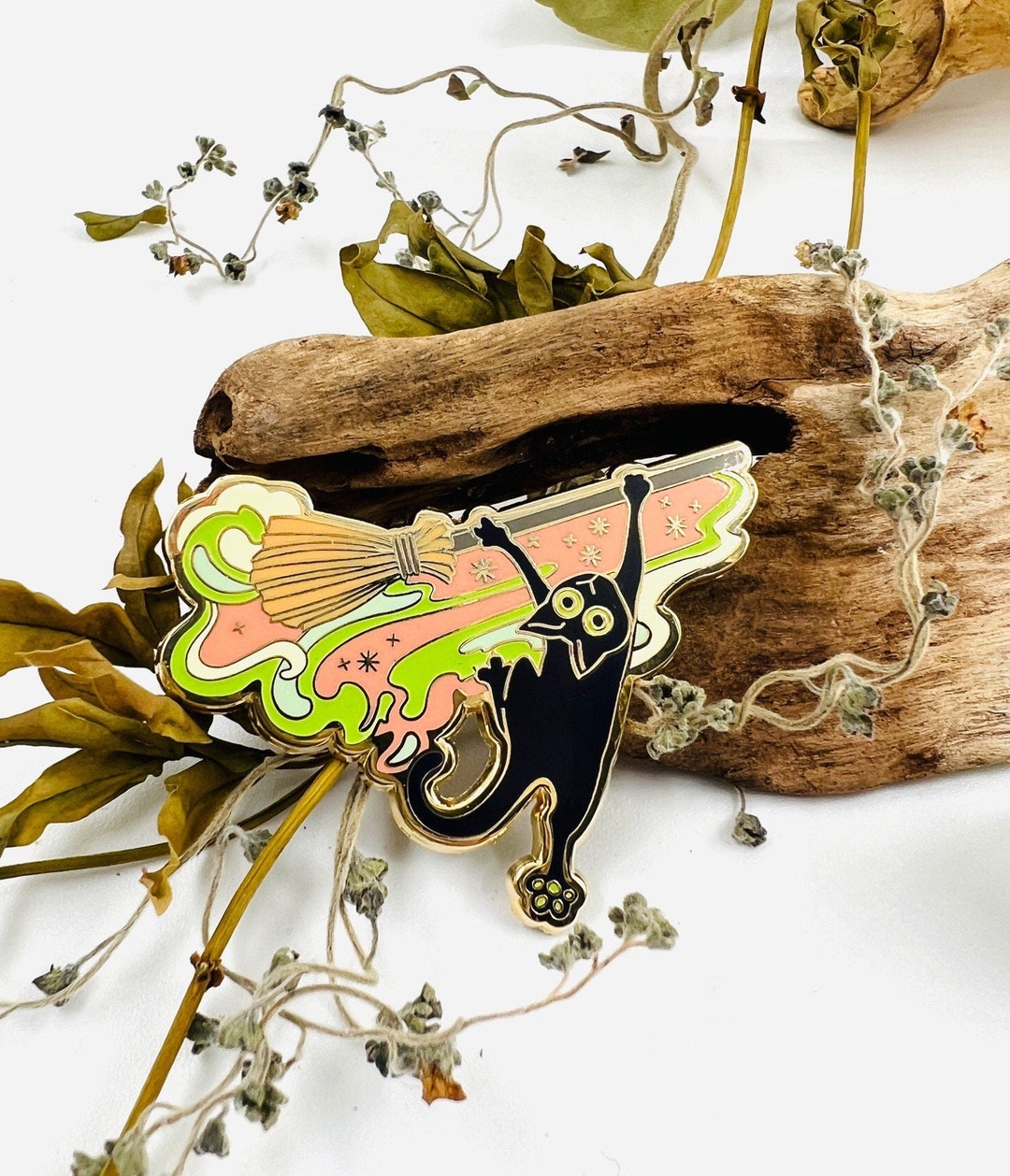 Glow-in-the-dark Cat Pin | Bolt | Frantic Familiars | Black Cat Flying on a Magical Witch Broom ...