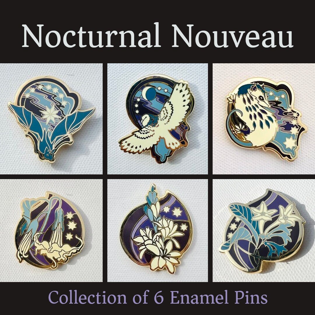 SET of 6 Enamel Pins | Art Nouveau Opossum, Owl, Bat, Flowers, Gold - Etsy