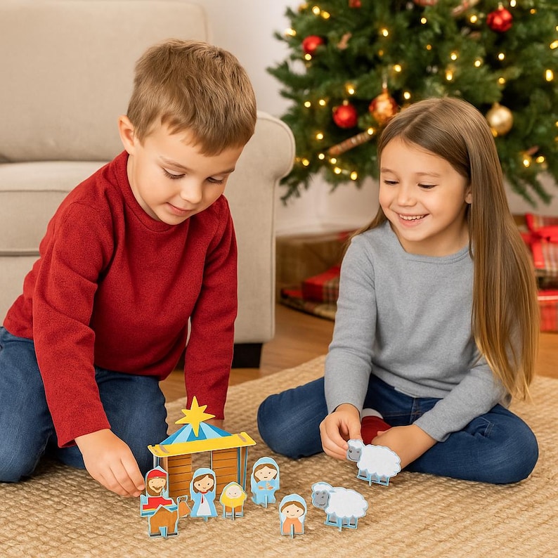Kids Nativity Scene Playset – 34 Piece Christmas Bible Story Craft Kit ...