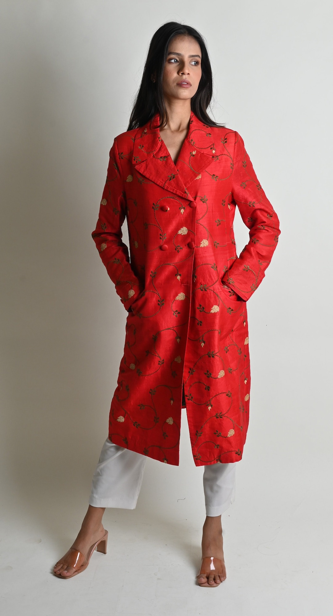 Red Floral Women Coat, Women Long Silk Coat, Embroidered, Wedding Guest ...