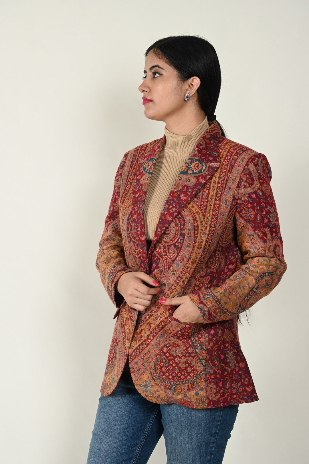Blood Red Indian Women Jacket, Paisley Blazer, Wool Jacket, Unisex ...