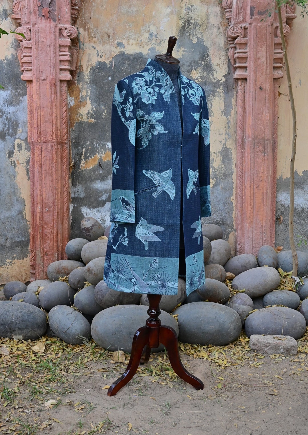 Prussian Blue Unisex Trench Coat, Wedding Guest Outfit, Bird Pattern ...