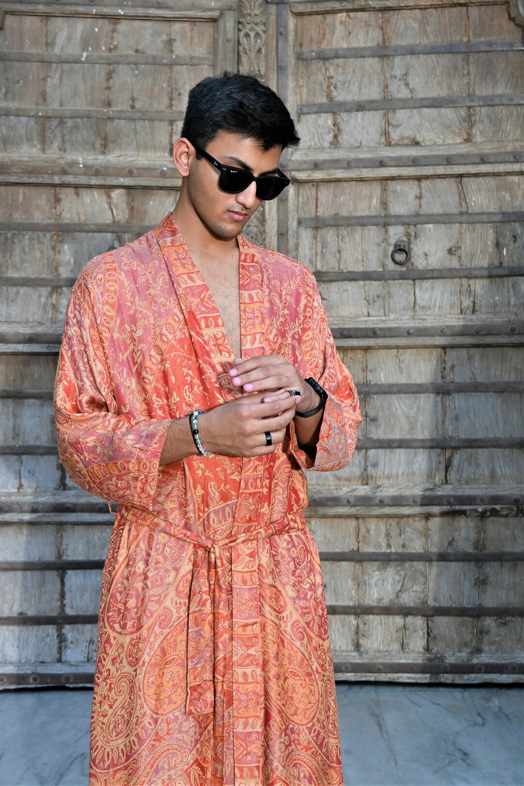 Orange Reversible Robe, Cashmere Wool Silk Robe for Men, Dressing Gown ...