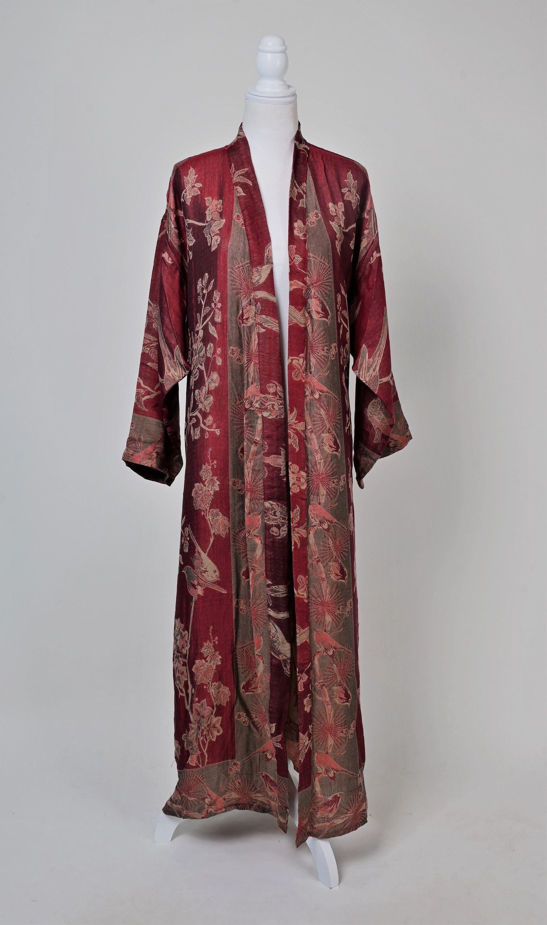 Cherry Red Silk Wool Robe: Floral Kimono Dressing Gown - Etsy