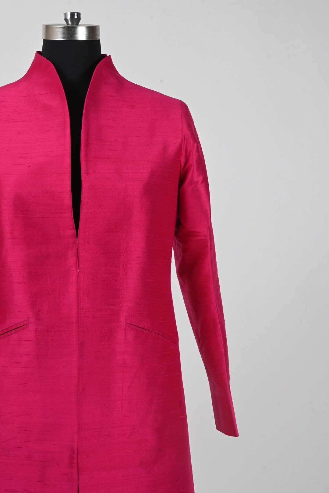 Deep Pink Jacket for Women, Silk Nehru Collar Coat, Wedding Guest, Silk ...