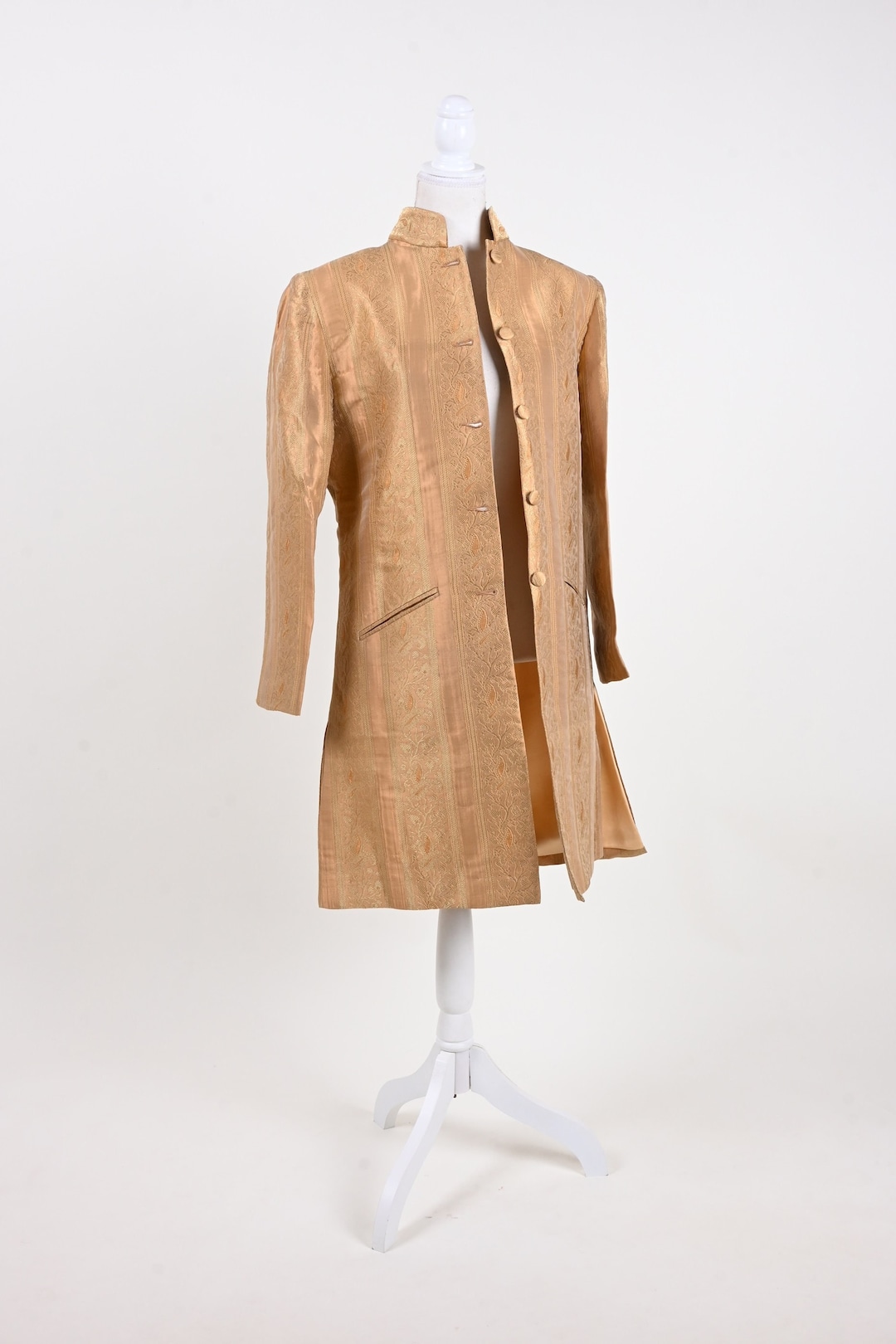 Peach Designer Women Silk Jacket, Silk Brocade Coat, Long Silk Coat ...