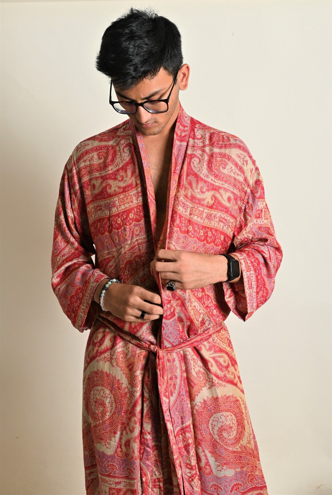 Candy Red Paisley Silk Robe: Reversible Cashmere Wool Kimono - Etsy