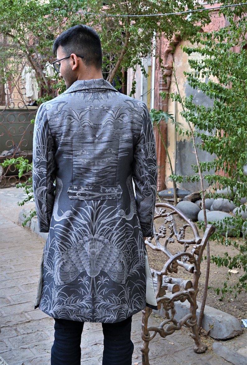 Cloud Grey Jungle Pattern Long Coat, Men Cashmere Jacket, Women ...