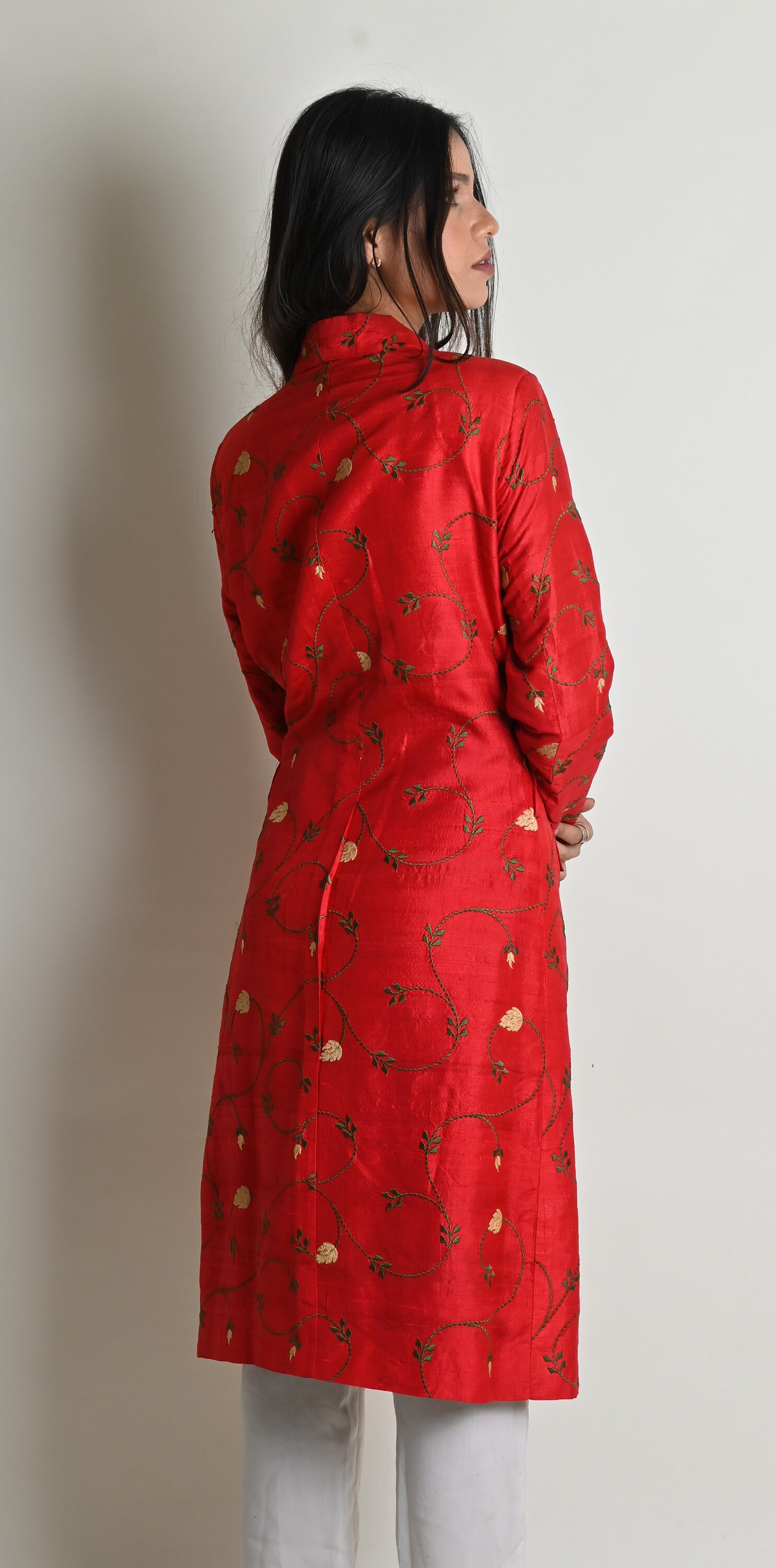 Red Floral Women Coat, Women Long Silk Coat, Embroidered, Wedding Guest ...
