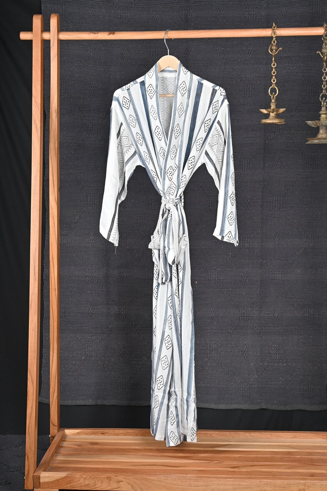 Stripe Print House Coat, Robe for Women, Dressing Gown, Cotton Kimono ...