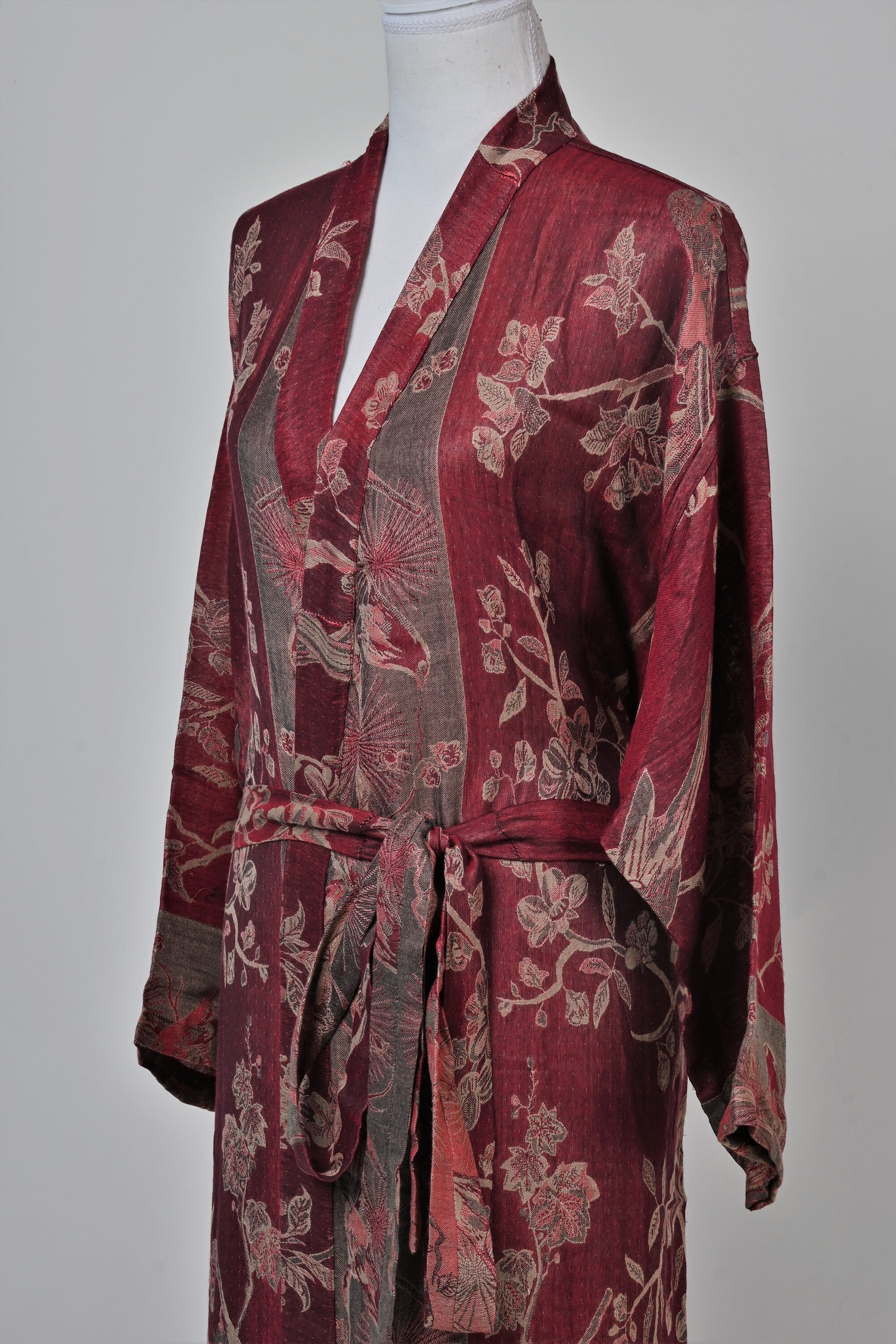 Cherry Red Silk Wool Robe: Floral Kimono Dressing Gown - Etsy