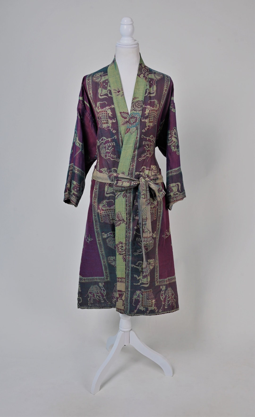 Indian Elephant Art Dressing Gown, Silk Kimono Robe, Short Cashmere ...