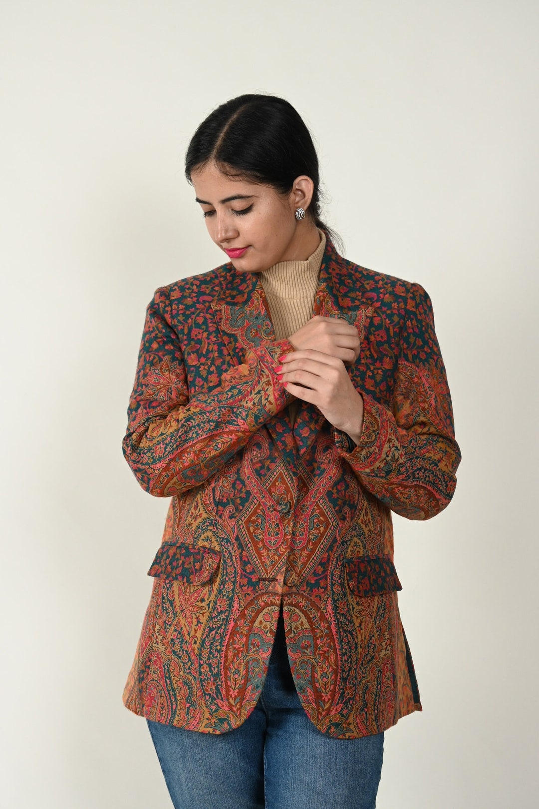 Peacock Blue Paisley Blazer, Wool Jacket, Guest Outfit, Unisex, Jacket ...