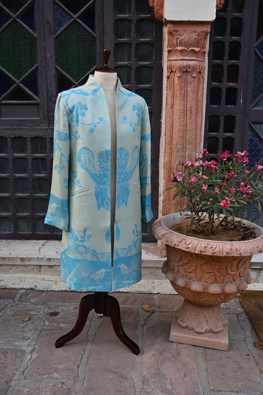 Ice Mint Long Silk Coat, Unisex Trench Coat, Wedding Guest Outfit, Bird ...