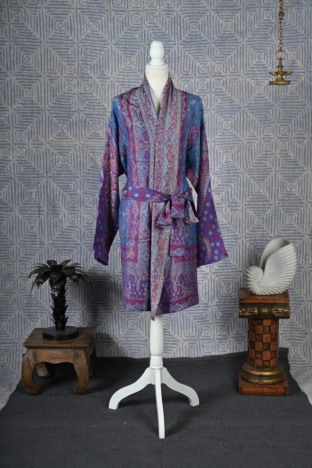 Violet Blue Kimono Jacket, Robe for Women, Kaftan, Dressing Gown, Silk ...