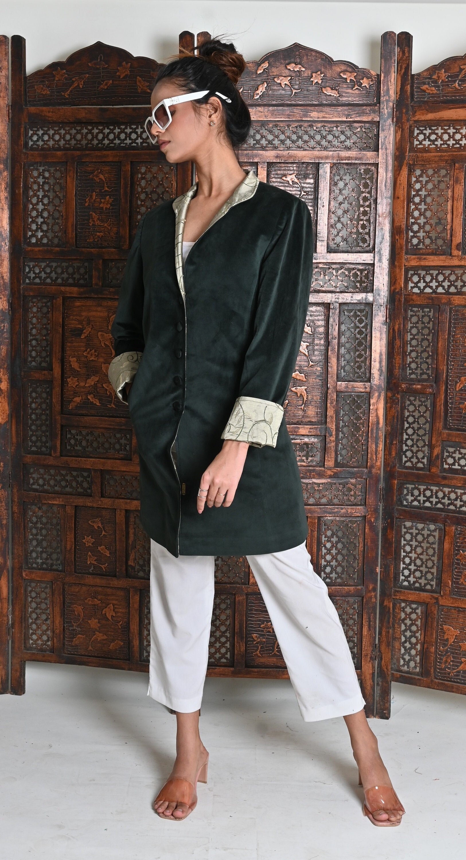 Forest Green Velvet Embroidered Coat: Handmade Silk Jacket - Etsy