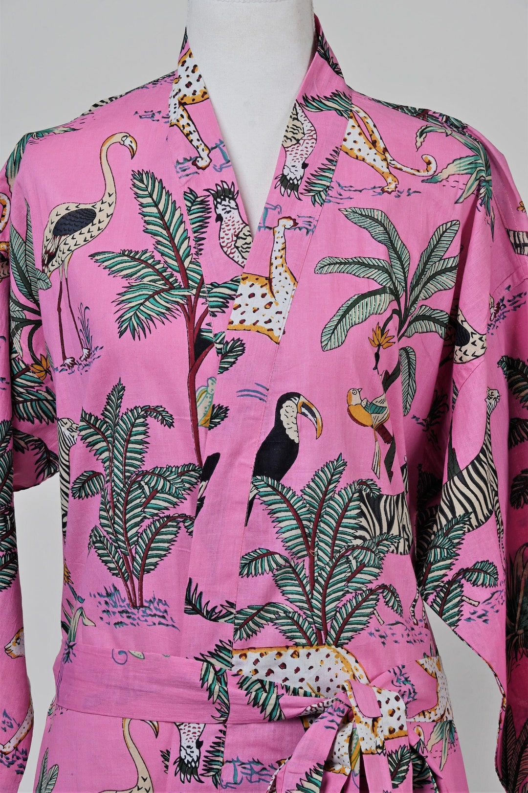 Rose Pink Cotton Kimono Bathrobe, Beach Cover Up, Animal Print Dressing ...