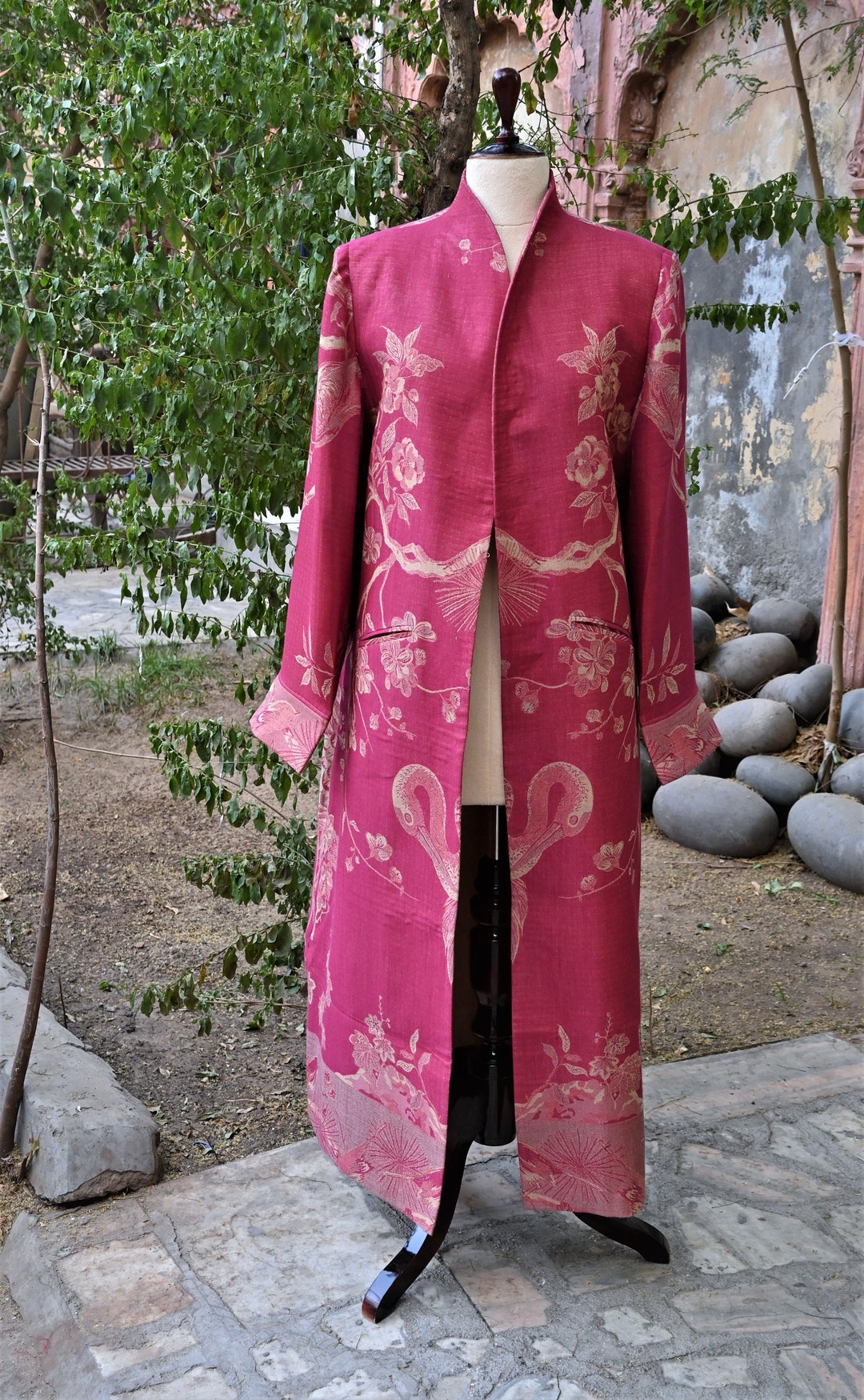Raspberry Floral Cashmere Coat, Ankle Length Coat, Cashmere Jacket ...