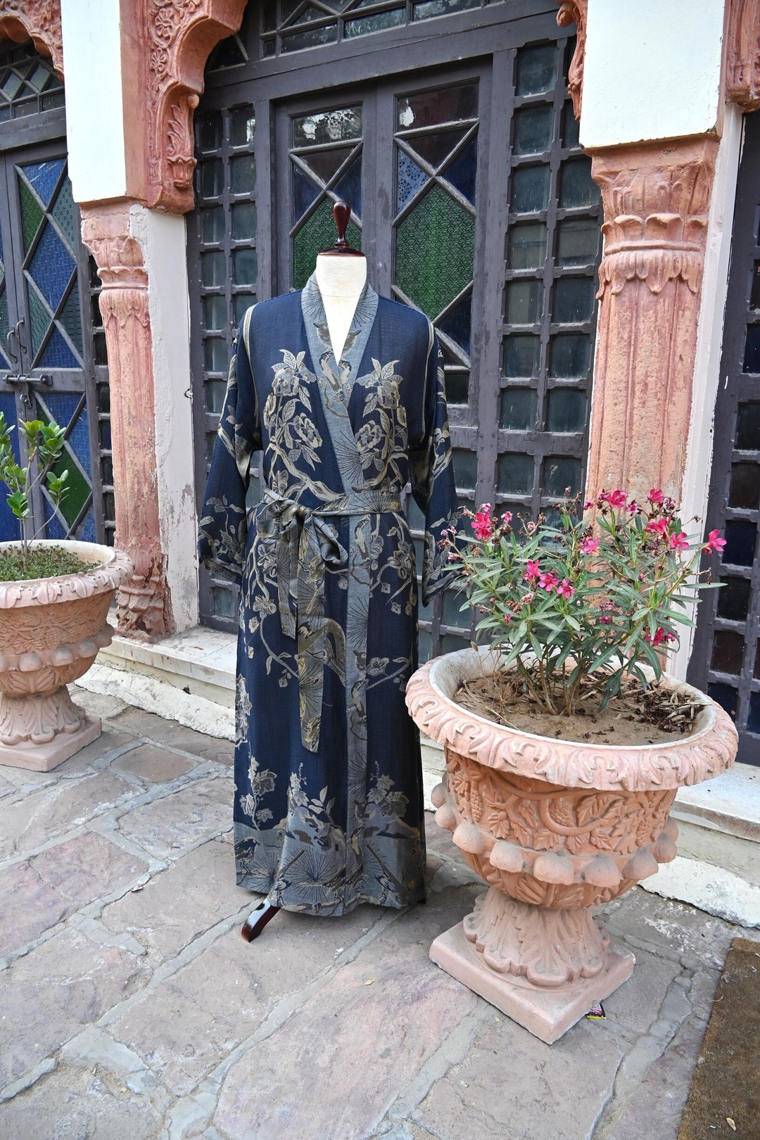Midnight Blue House Coat, Bridal Robe, Dressing Gown, Beachwear, Silk ...