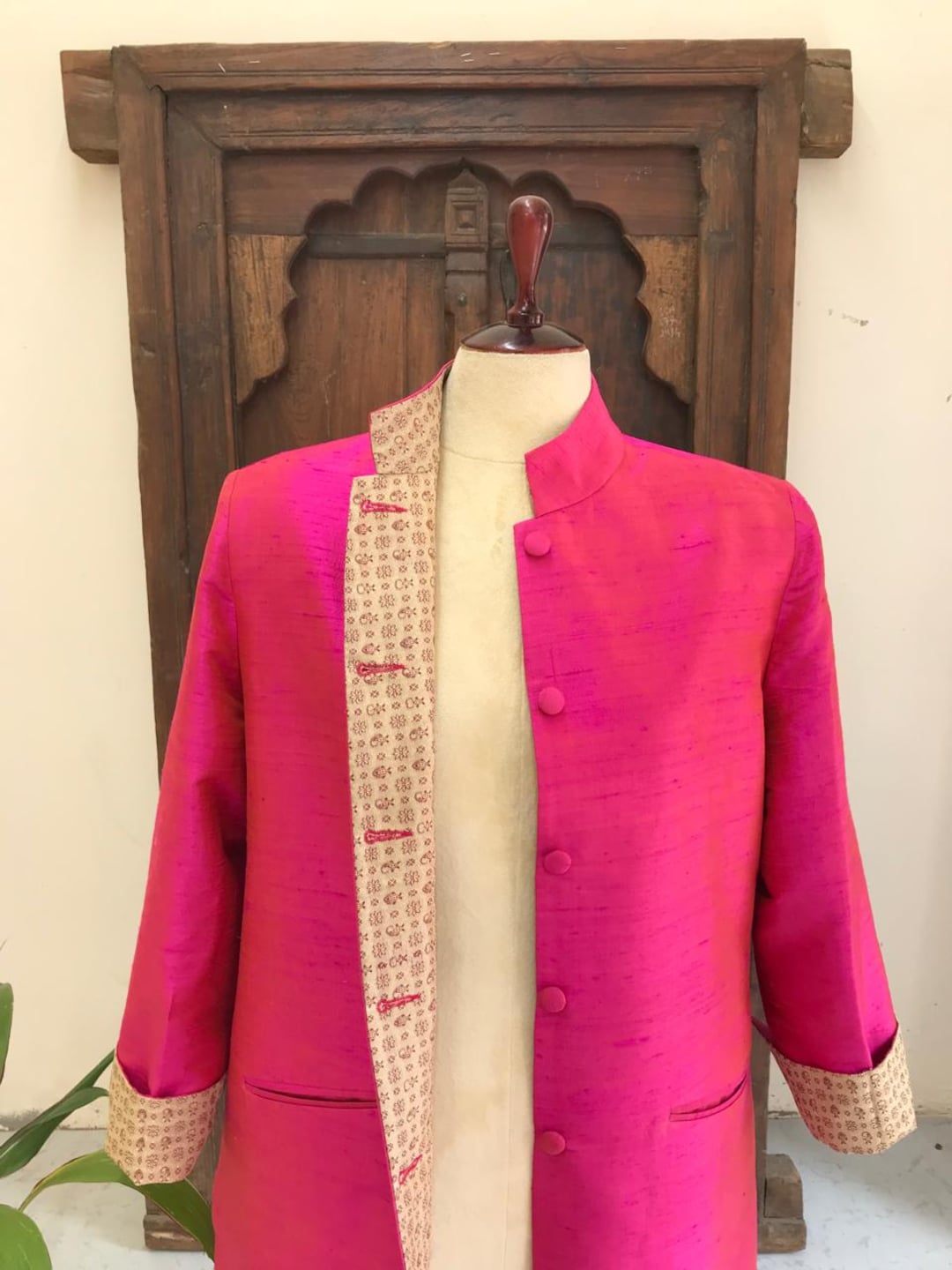 Pink Nehru Collar Coat, Long Jacket for Women, Unisex Silk Coat, Raw ...