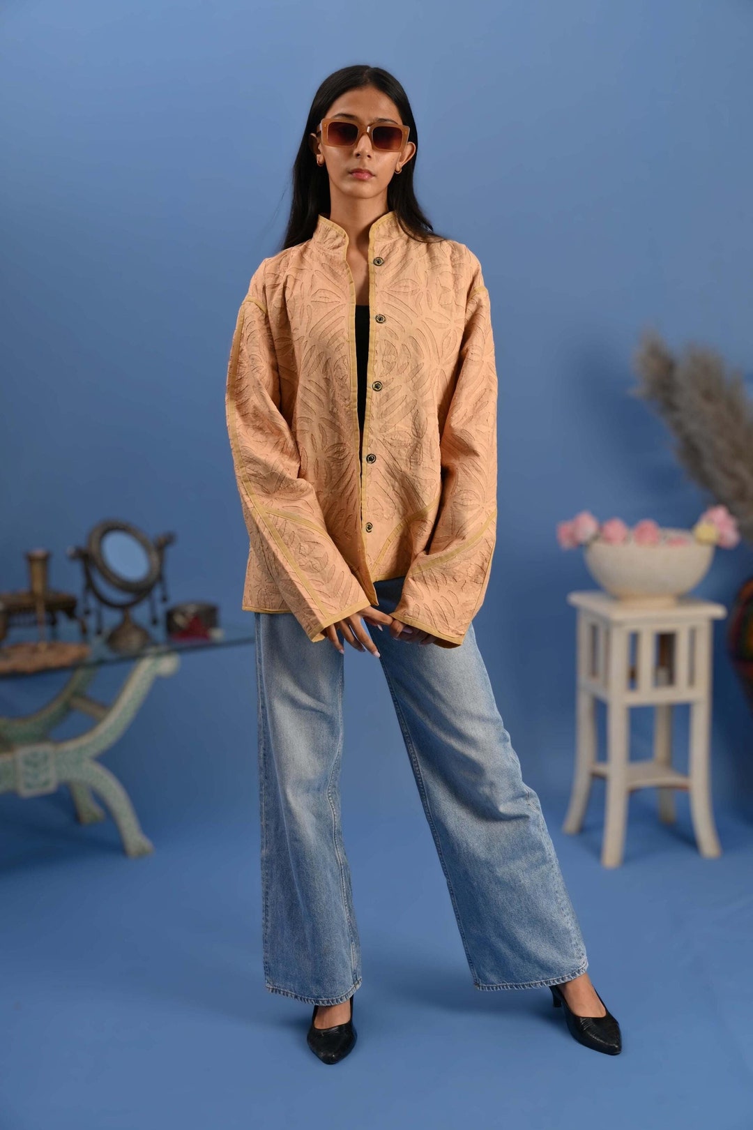 Peach Yellow Applique Quilt Jacket, Traditional Cotton Jacket, Handmade ...