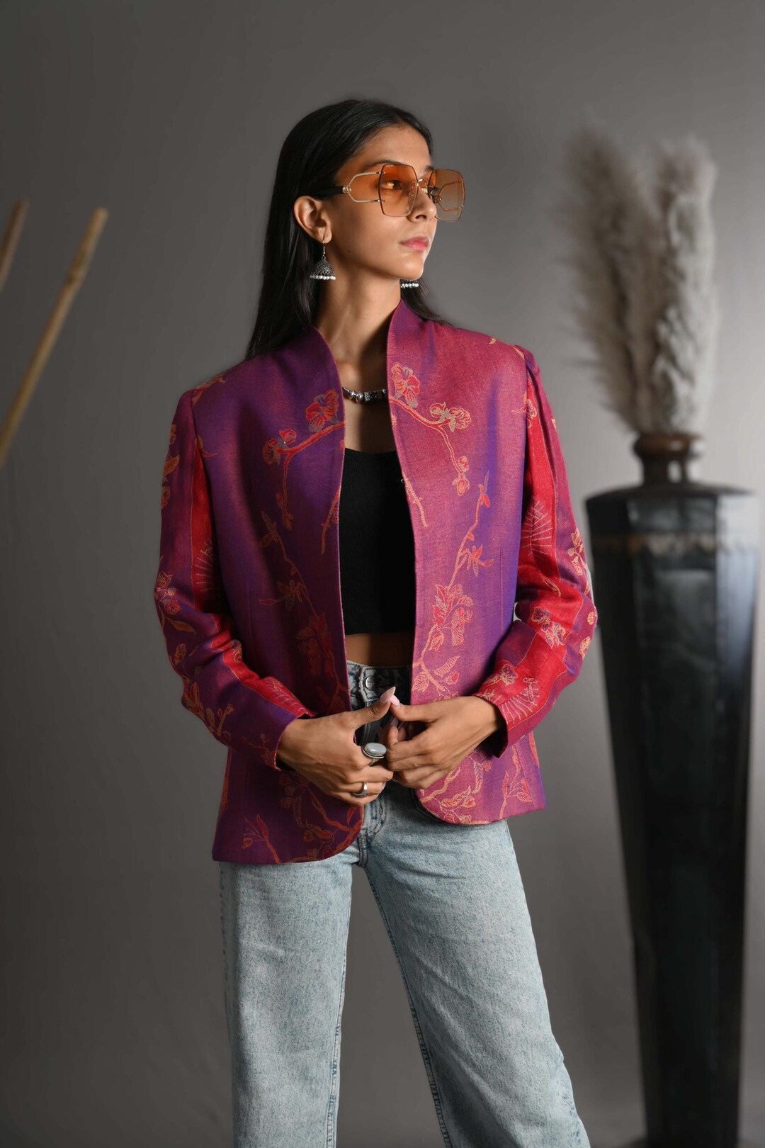 Chine Style Blazer, Women's Jacket With Frog Knot Closure, Cashmere ...