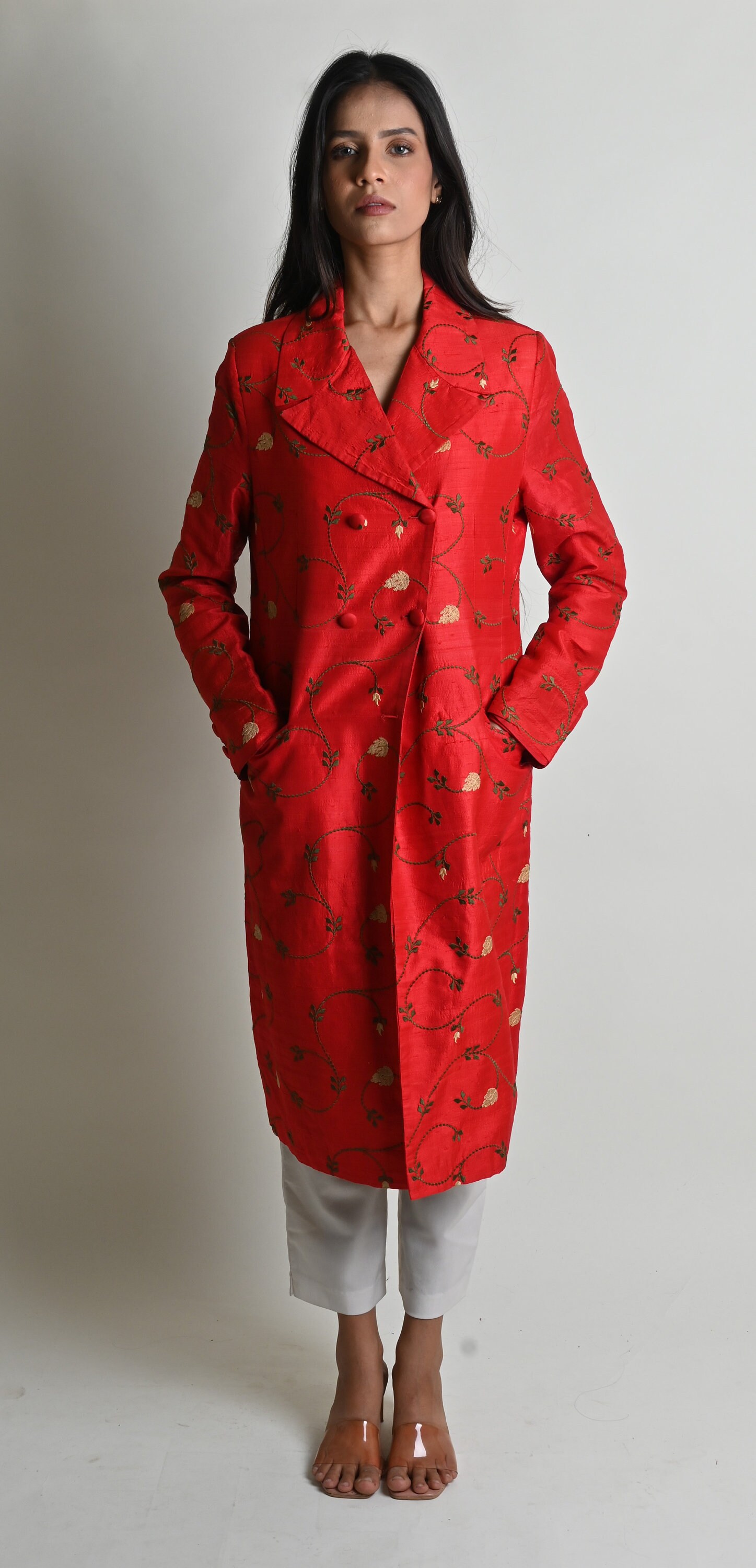 Red Floral Women Coat, Women Long Silk Coat, Embroidered, Wedding Guest ...