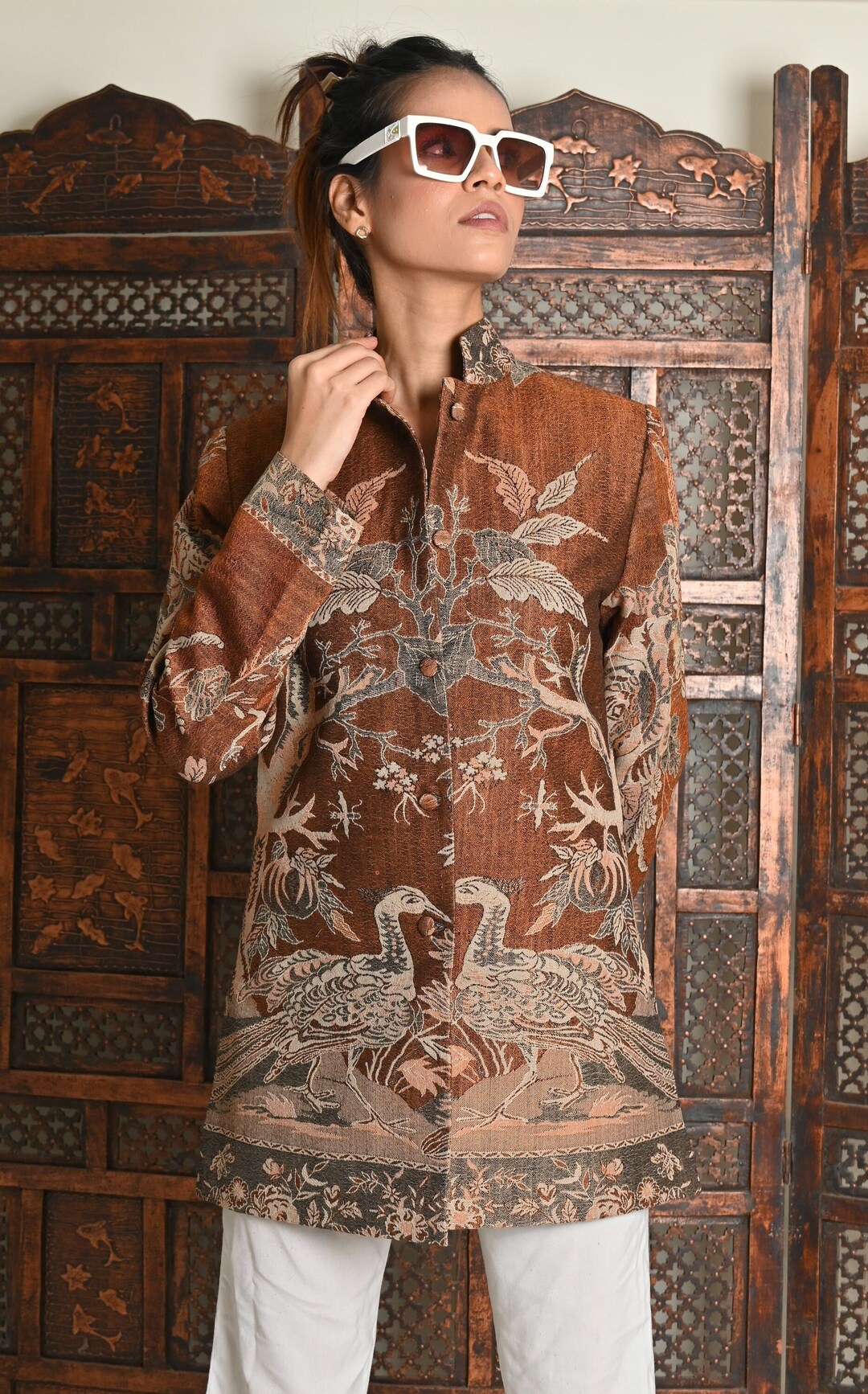 Jacket for Women, Brown Floral Designer Cashmere Silk Jacket, Women ...