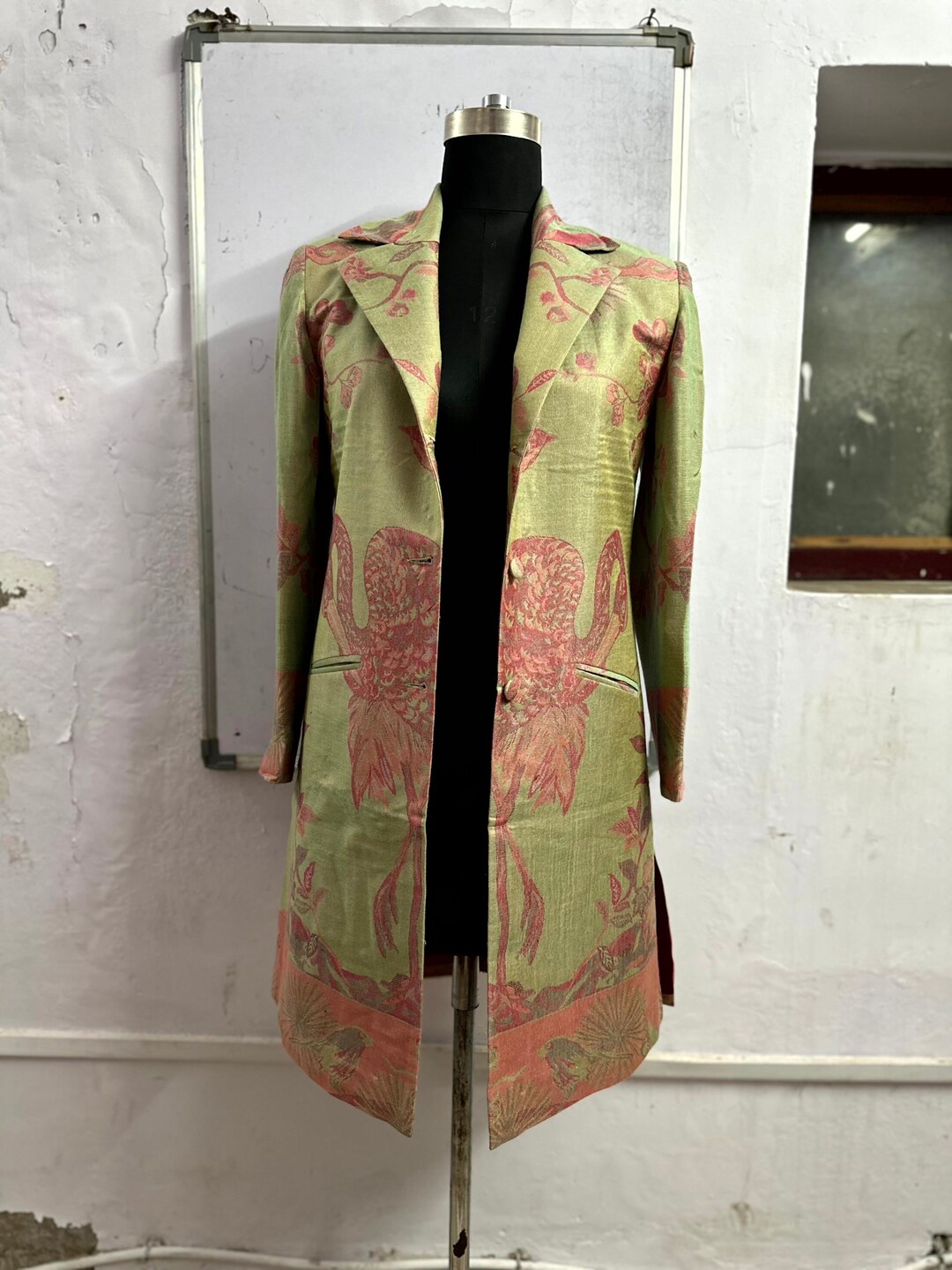 Tea Green Women Coat, Long Silk Coat, Women Cashmere Jacket, Paisley ...