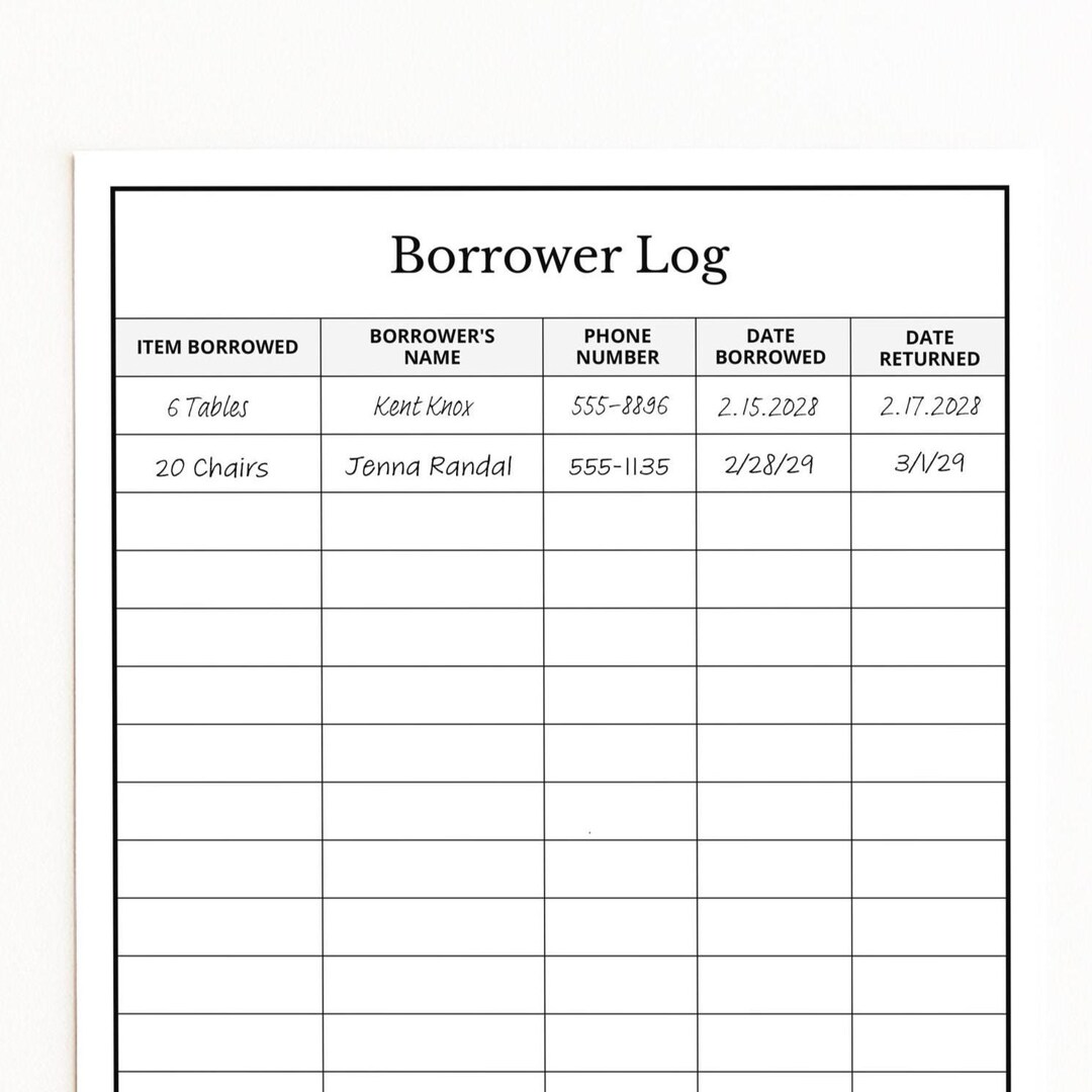 Borrower Log Printable, Lending Library Tracker, Tool or Equipment Loan ...