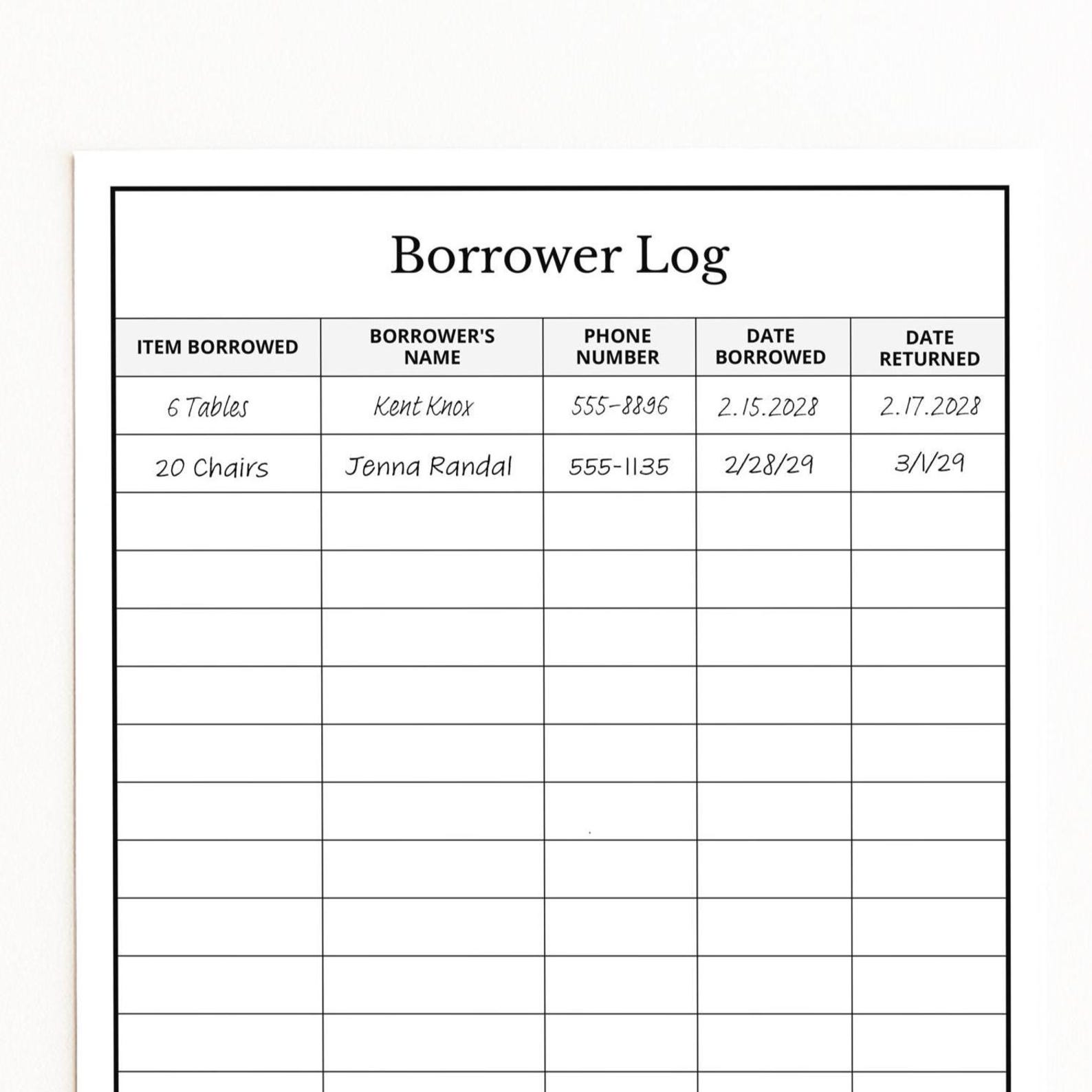 Borrower Log Printable, Lending Library Tracker, Tool or Equipment Loan ...