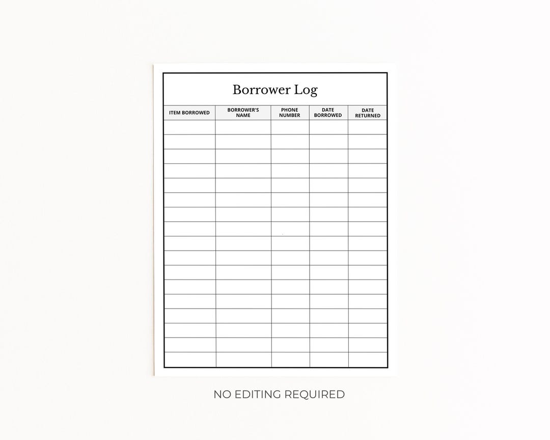 Borrower Log Printable, Lending Library Tracker, Tool or Equipment Loan ...
