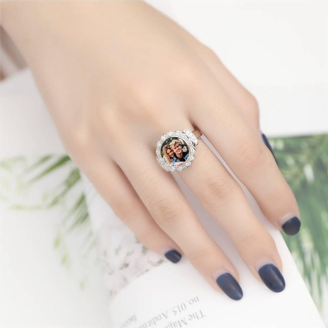 Women's Photo Ring, Flower-shaped Photo Ring With Cubic Zirconia ...