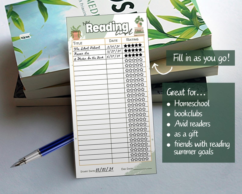 Printable Bookmark, Reading Journal Tracker, Library Card Bookmark ...