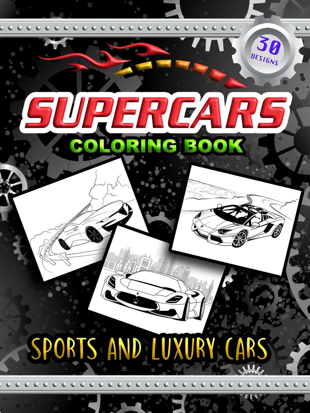 Supercars Coloring Book, Sports and Luxury Cars, 30 Digital Coloring ...