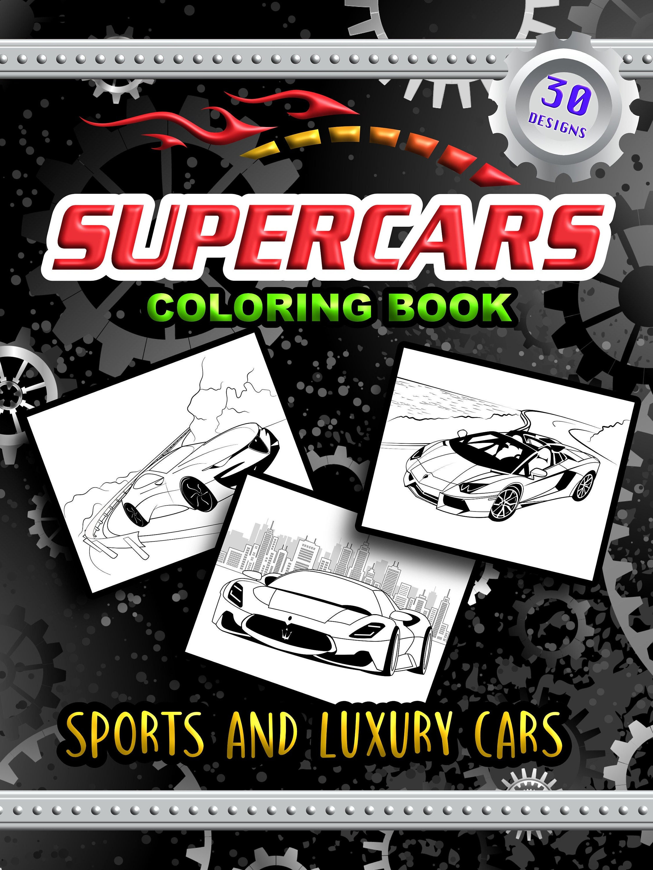 Supercars Coloring Book, Sports and Luxury Cars, 30 Digital Coloring ...