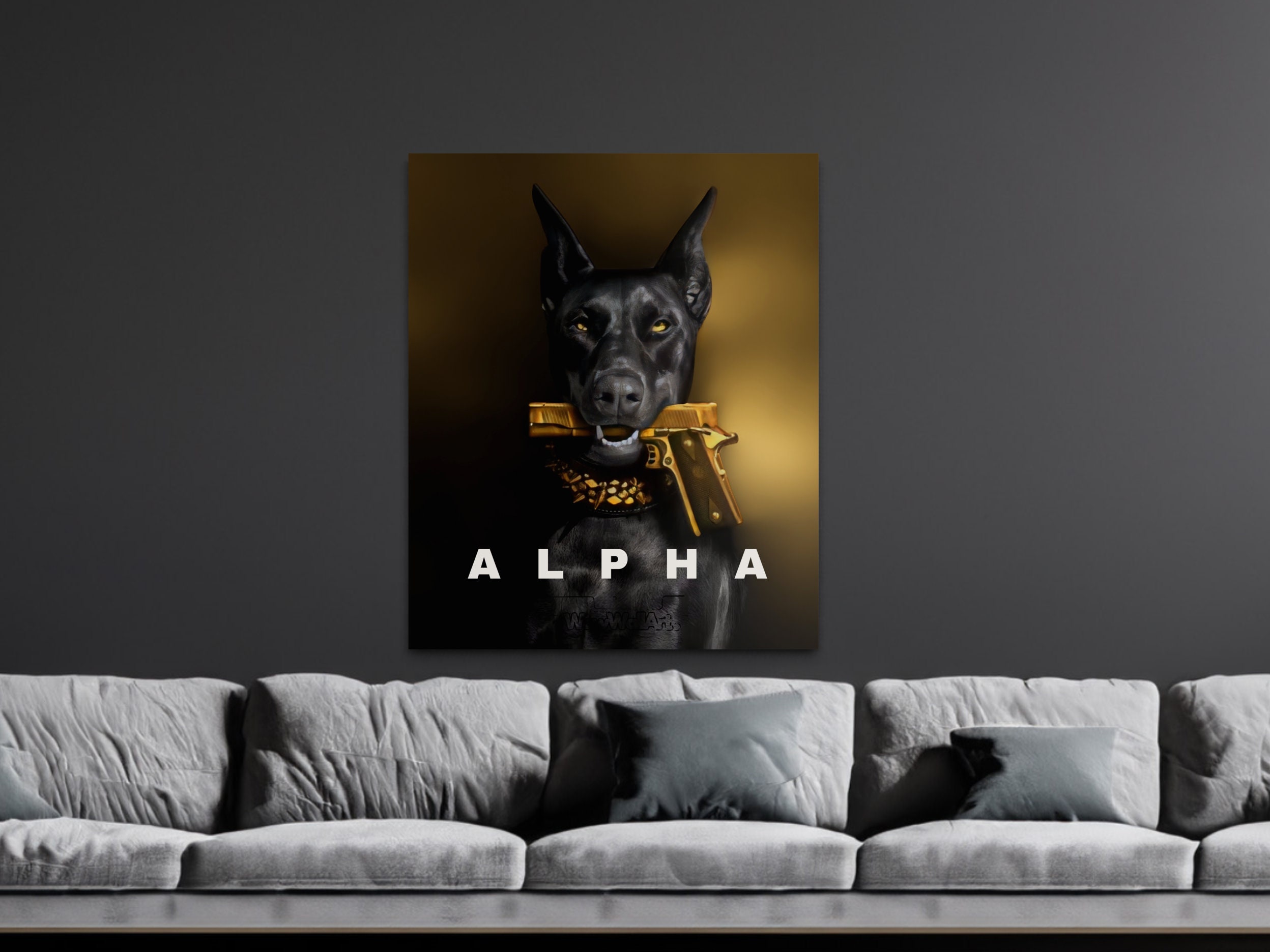 Alpha Black Doberman Dog Gold Gun Design Canvas Wall Art Decor Poster ...
