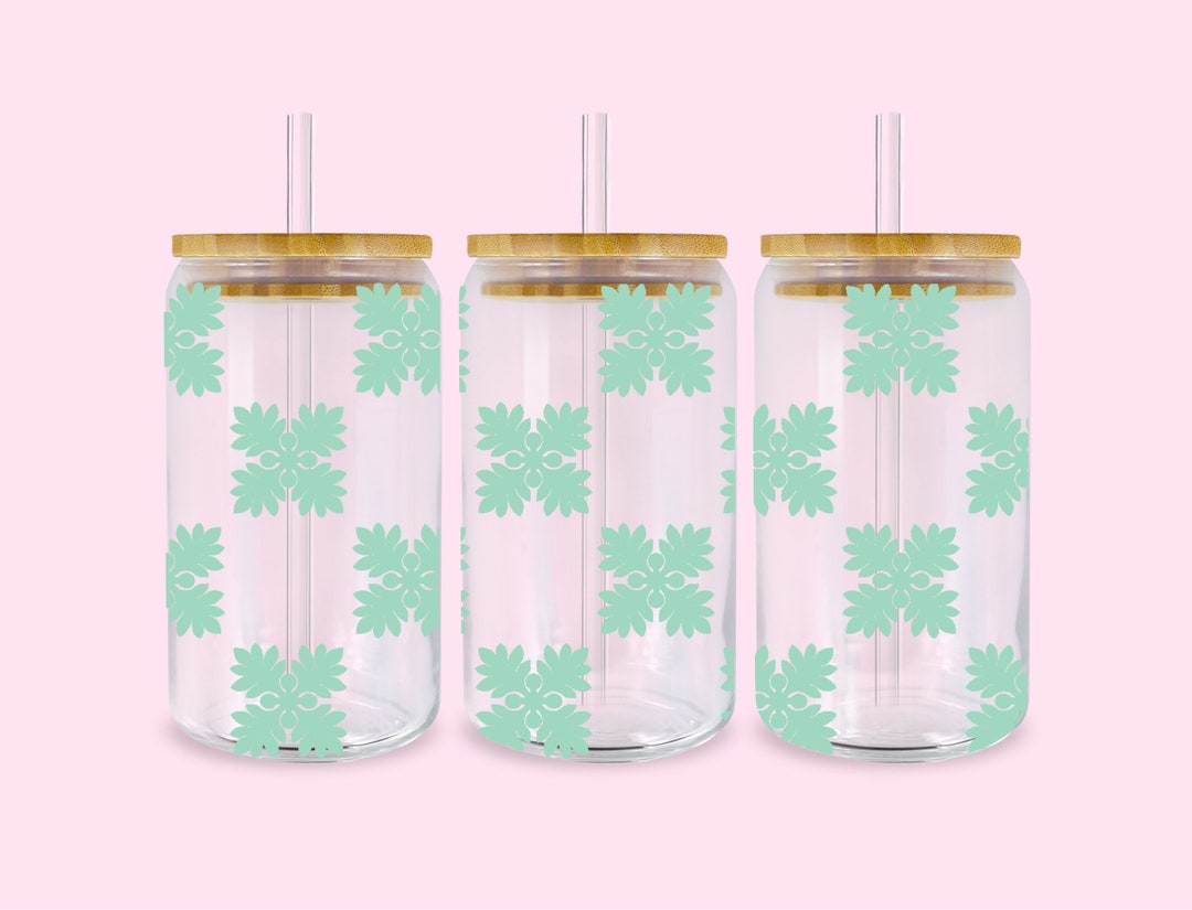 Ulu Quilt Pattern Beer Can Glass | Mint Green | Hawaiian Quilt | Bamboo ...