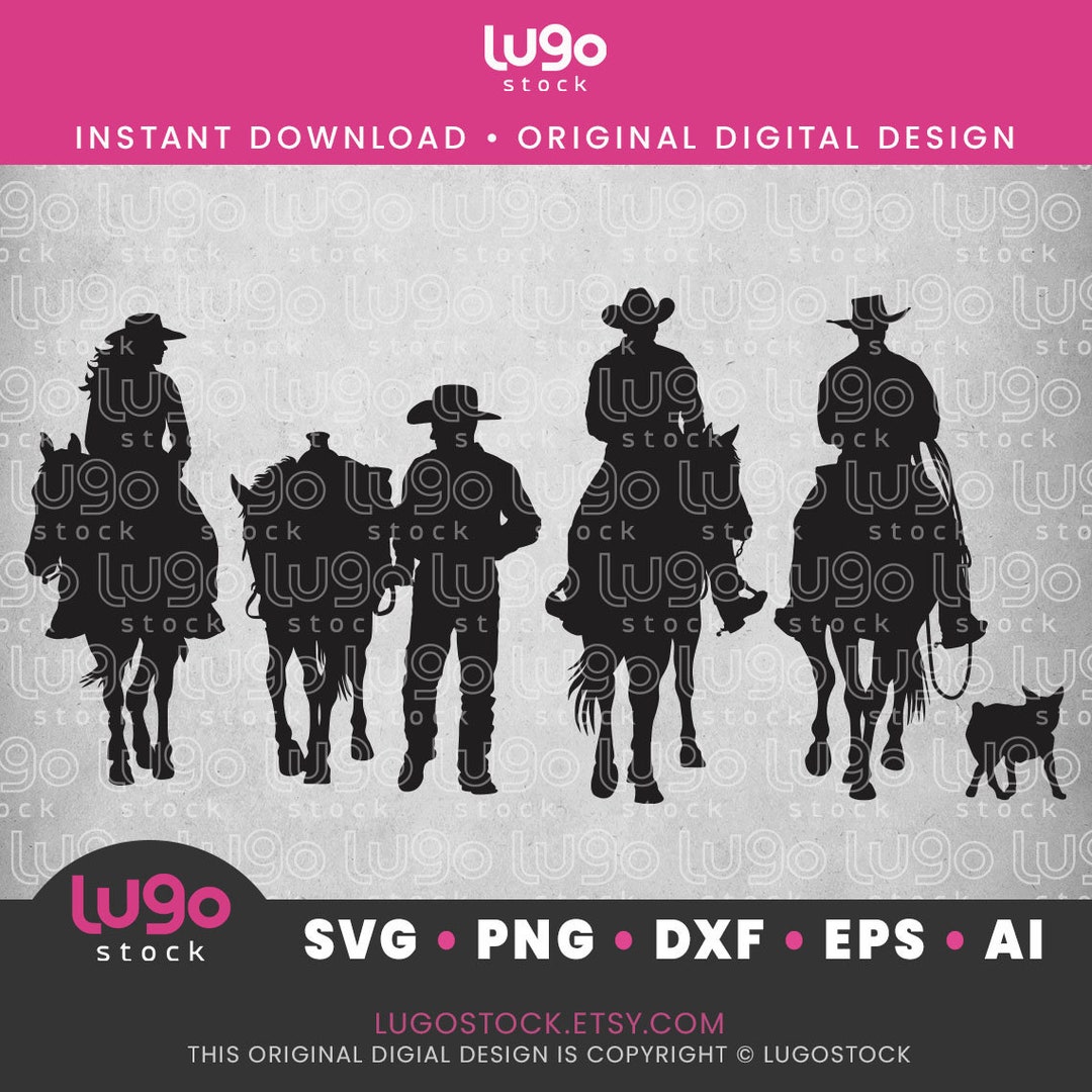 Ranch Cowboys Silhouette Bundle | Cowgirl on Horse | Vector Clipart ...